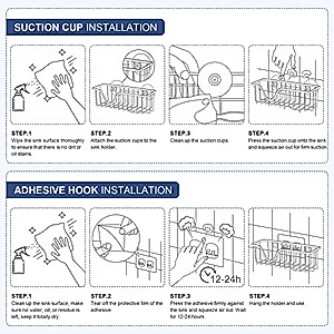 Sponge Holder for Kitchen Sink with Adhesive Hook & Suction Cups - 2 IN 1 Sink Caddy for Sponges, Dish Brush, Scrubbers, Soap - 304 Stainless Steel Kitchen Bathroom Organizer Accessories - Black