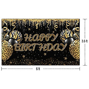 Large Gold Leopard Happy Birthday Backdrop Huge Leopard Happy Birthday Banner Cheetah Birthday Party Decoration Gold Leopard Birthday Photography Background Adults Women Birthday Backdrop (6 X 3.6 FT)
