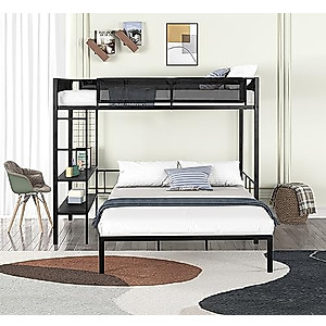 Livavege Twin Over Full Bunk Bed with Shelves & Grid Panel, Detachable L-Shaped Bunk Beds w/Full-Length Guardrails & Ladder for Kids Boys Girls Teens Adults, Metal Bunkbed Frame Wood Slats/Noise-Free