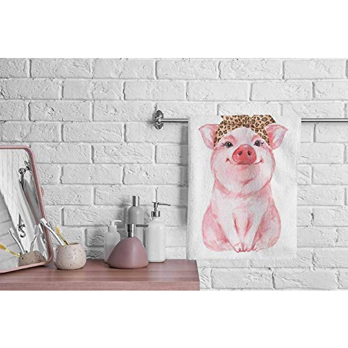oFloral Pig Hand Towels Cotton Washcloths,Farm Animal Funny Cute Piggy Wearing Leopard Bandana Pink Super-Absorbent Soft Towels for Bath/Yoga/Golf/Hair Towel for Men/Women/Girl/Boys 15X30 Inch
