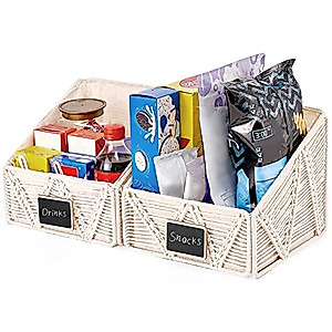 Mkono Macrame Storage Baskets for Organizing Boho Decor Foldable Bins with Mini Chalkboard Clip Woven Baskets for Pantry Shelves Desk Countertop Dresser Cabinet Living Room Dorm Home, Set of 2, Ivory