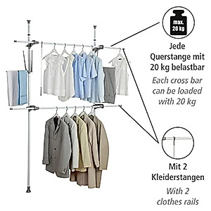 WENKO Herkules Flex Garment Rack, Rail, Adjustable, Tension Rod, Heavy Duty, for Hanging Clothes, Storage, Organizer, with Shelves, 14.2 x 74.8 x 118.1 inch, White