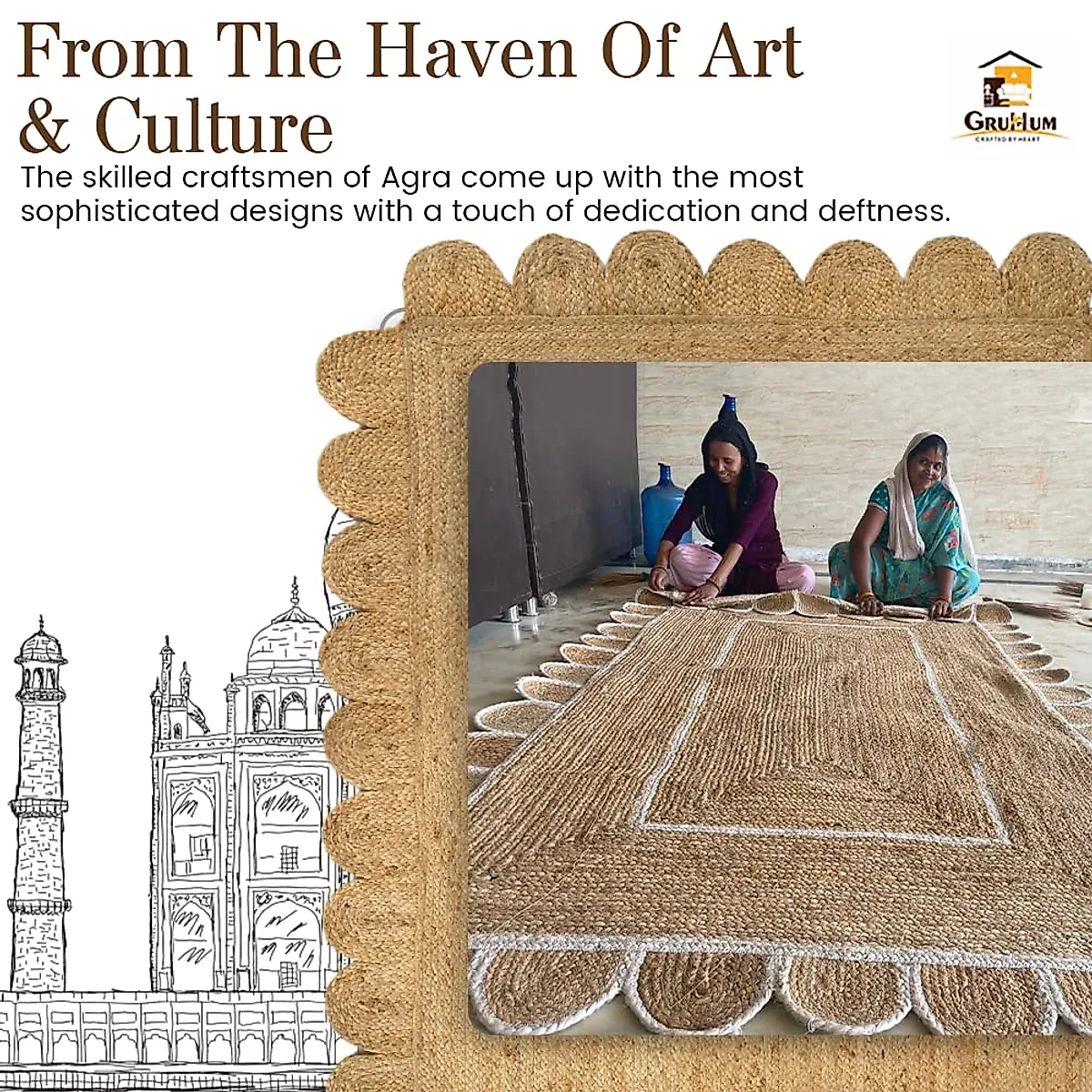 GRUHUM Scalloped Jute Area Rugs 3'x5' ft Natural Fibre Handwoven Boho Reversible Farmhouse Soft Braided Rug Indoor EcoFriendly Livingroom Bedroom Kitchen Hallways Enterways Rectangular Rug