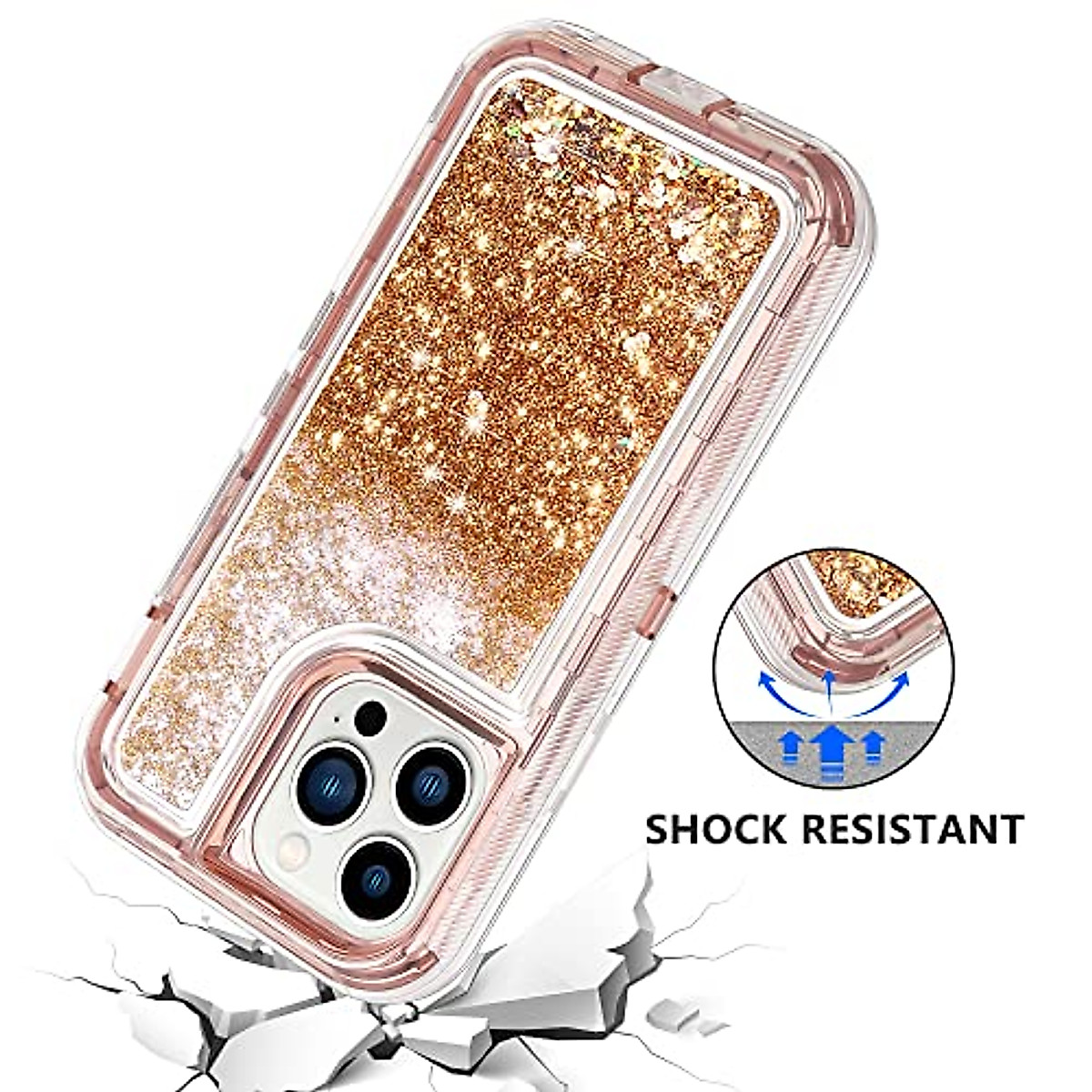 WOLLONY for iPhone 14 Pro Max Case Glitter Floating Liquid Shiny Quicksand Case for Women Girls Heavy Duty Shockproof Protective Case Hard PC Bumper Soft TPU Cover for iPhone 14 Pro Max 6.7''Rosegold