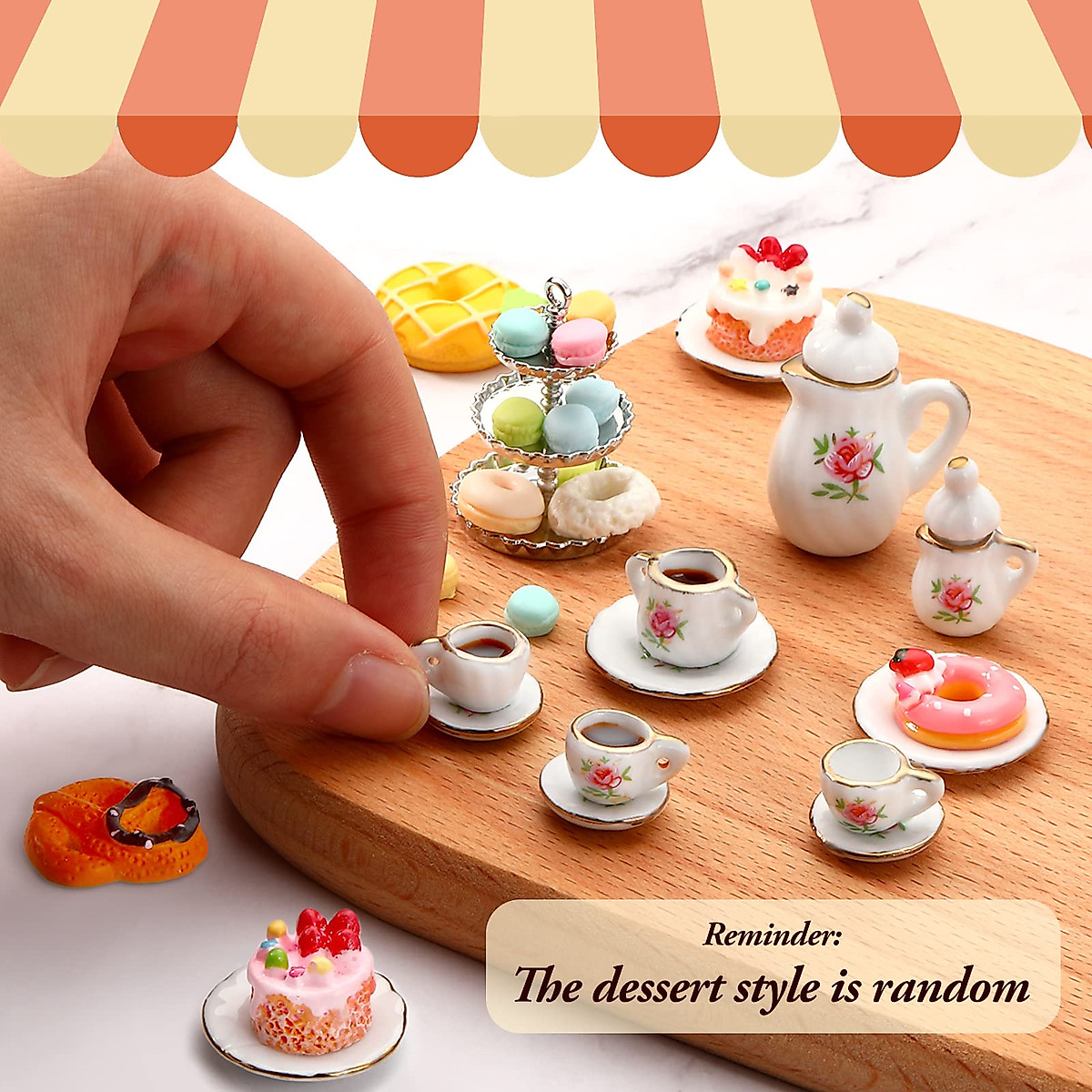 40 Pcs 1:12 Scale Dollhouse Miniature Kitchen Accessories Set Includes 15 Flower Pattern Porcelain Tea Cup 24 Mixed Pretend Cake Foods 1 Mini Three-Tier Cake Stand for Decor Supply (Sweet Style)