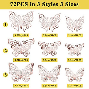 FYY 3D Butterfly Wall Decor, 72PCS 3 Styles 3 Sizes Gold Butterfly Wall Stickers Removable Wall Decals Butterfly Decorations for Room Decor Party Wedding Birthday Cake Rose Gold