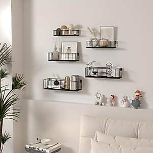 CRUGLA Black Floating Shelves Wall Mounted Set of 5, Hanging Wall Shelf with Rail for Bathroom, Bedroom, Living Room, Kitchen