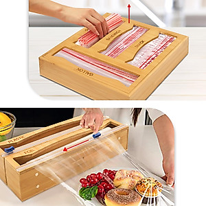 6 in 1 Plastic Bag Organizer with mag Foil and Saran Wrap Dispenser With Cutter For Kitchen Drawer- Bamboo Food Storage Organizer Perfect For Plastic Ziploc，Gallon，Quart Variety Size Bags & 12” Rolls