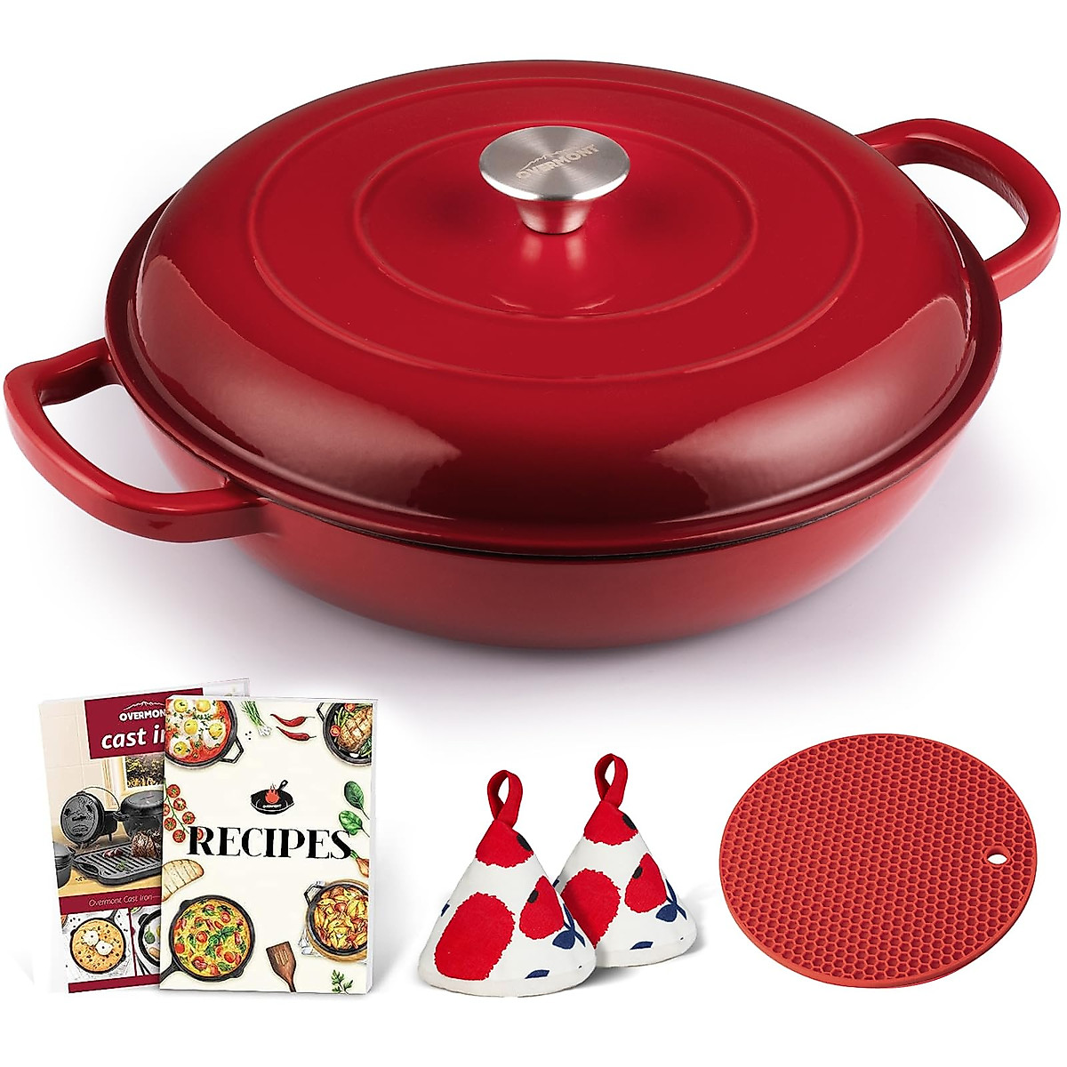 Overmont Enameled Cast Iron Dutch Oven - 3.8 Quart Dutch Oven Pot with Lid - Shallow Cookware Braising Pan - Cast iron Casserole with Cookbook & Heat-resistant Caps - Oven Safe up to 500° F