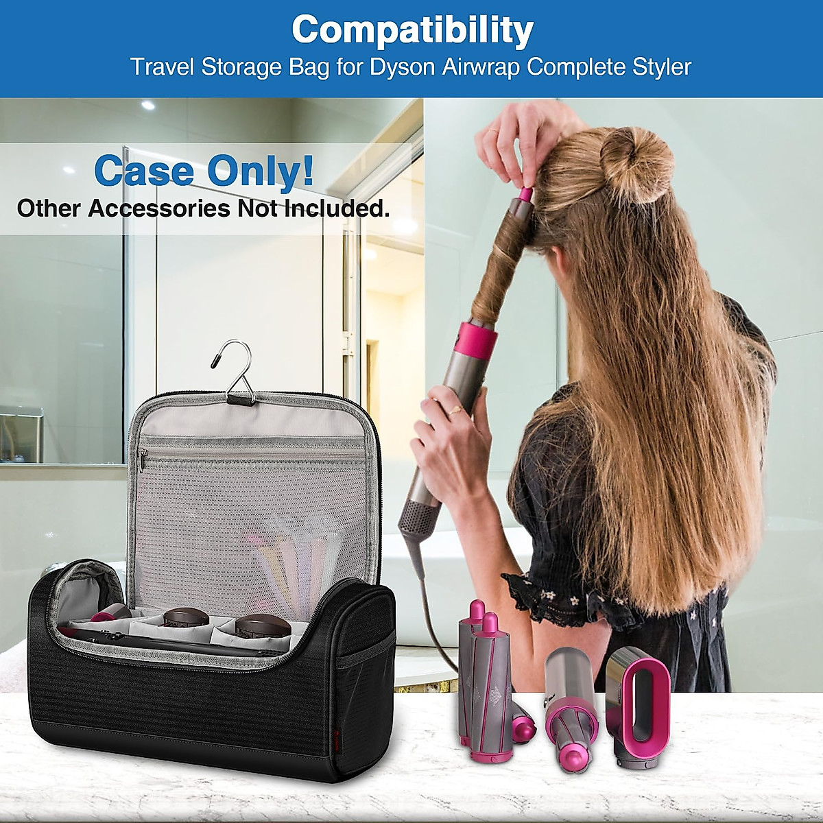 SITHON Travel Carrying Case for Dyson Airwrap Complete Styler and Attachments, Portable Hanging Storage Organizer Bag with Side Pockets Compatible with Shark FlexStyle HD430(Bag Only) (Black)