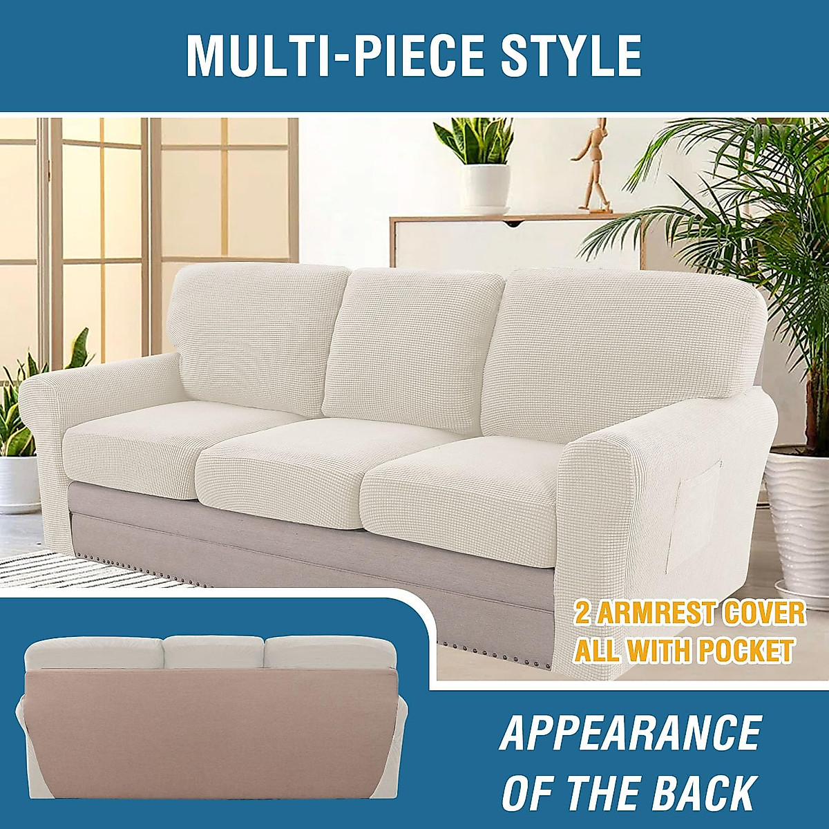 H.VERSAILTEX Multi-Pieces Sofa Covers Stretch Couch Covers Form Fitted Seats and Back Cushions Covers (3 Seat Covers Plus 3 Back Cusion Covers, Bonus 2 Armrest Covers), Ivory