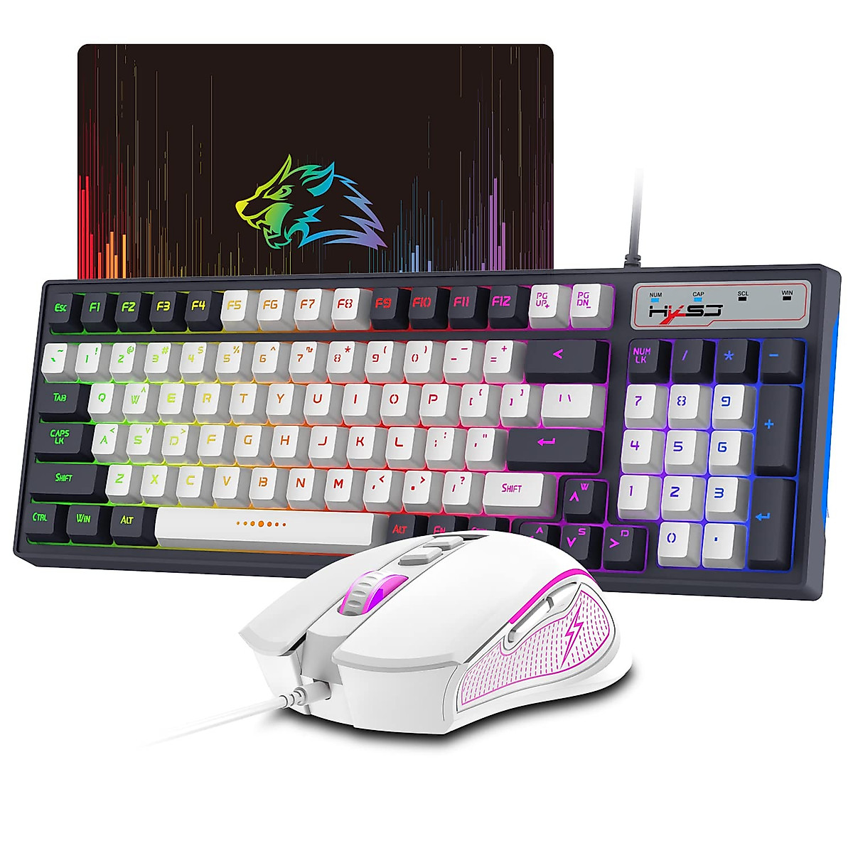 Wired RGB Gaming Keyboard and Mouse Combo with Multi Rainbow LED Backlight Ergonomic 96Key Layout 26Key Anti-ghosting Mechanical Feel Adjustable 3600DPI Mice Mouse Pad for PC Mac Gamer Typists(White)