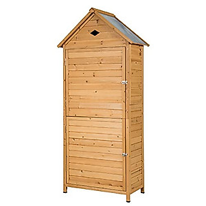 Goplus Outdoor Storage Shed, Lockable Fir Wood Garden Tool Storage Cabinet with Galvanized Sheet Roof for Garden, Yard, Natural Color