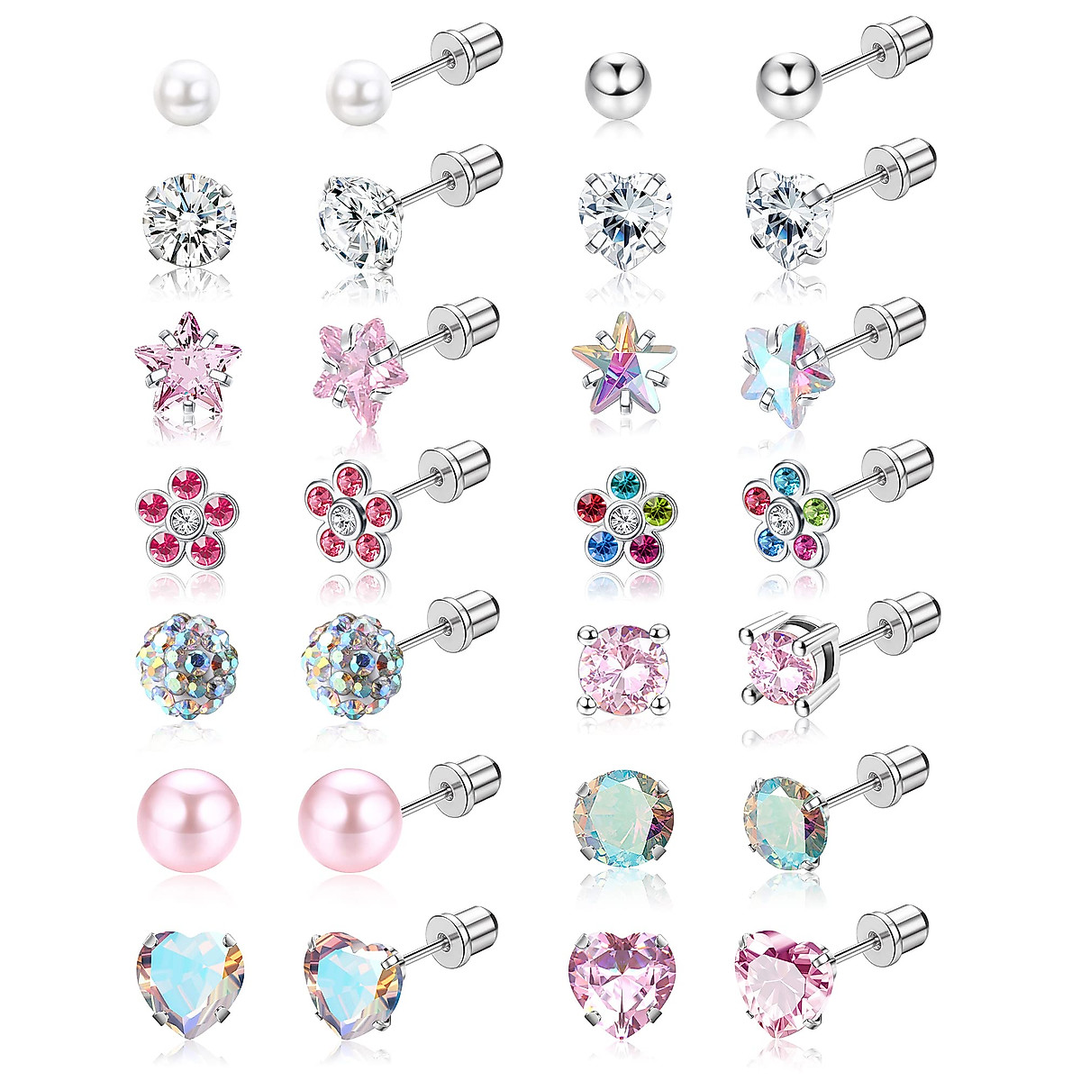YADOCA 14 Pairs Hypoallergenic Screw Back Earrings for Girls Women Surgical Steel Tiny CZ Pearl Ball Heart Flower Screwback Earrings Studs Set Multicolored Pink