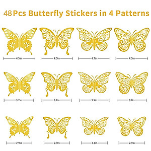 3D Butterfly Wall Decor, 48 Pcs 4 Styles 3 Sizes, Removable Butterfly Wall Stickers Gold Butterflies for Party Cake Decorations Kids Bedroom Nursery Classroom Wedding Decor DIY Gift (Gold)