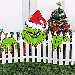 AMZFAVOR Christmas Decorations Outdoor - Fence Yard Sign with Hand Head for Holiday Christmas Fence Peeker Decorations