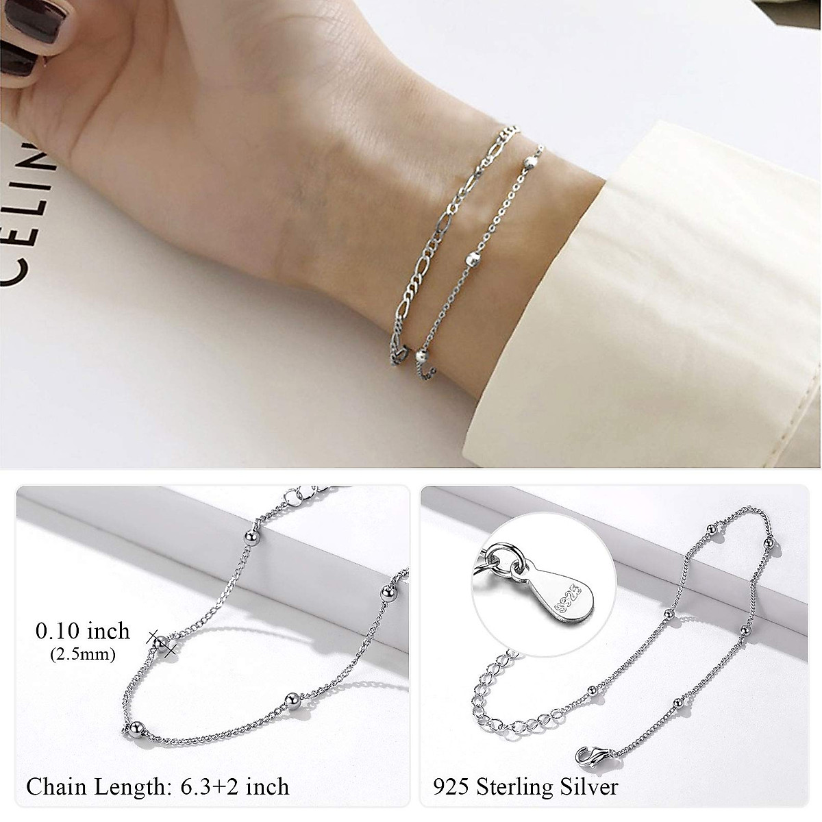 Silver Dainty Bead Chain Bracelet for Women, Hypoallergenic Sterling Silver Cute Delicate Tiny Satellite Chain Link Bracelet Minimalist Jewelry Gift for Best Friendfriend Mom