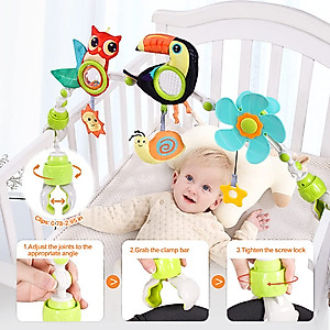 Koty Baby Stroller Arch Toy with Teether, Rattle, Crinkle Sound, Mirror & Music Box, Newborns Sensory Activity Carrier Take-Along Toy, Adjustable for Bouncers, Car Seat & Pram 0M+(Deer)