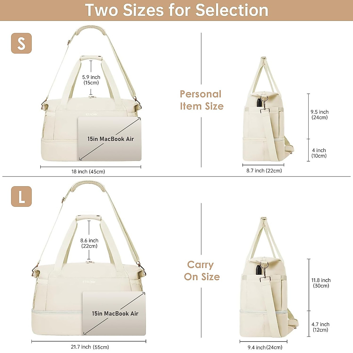 ETRONIK Gym Bag for Women, 55L Travel Duffel Bag with USB Charging Port, Weekender Overnight Bag with Wet Pocket and Shoes Compartment for Women Travel, Large Size (Beige)