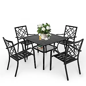SUNCROWN 5-Piece Outdoor Wrought Iron Chairs and Table Patio Dining Furniture Set - 4 Stackable Metal Chairs, 1 Steel Slat Bistro Table for Garden Backyard Deck