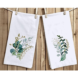 Botanical Eucalyptus Kitchen Dish Towel 18 x 28 Inch, Seasonal Spring Summer Greenery Tea Towels Dish Cloth for Cooking Baking Set of 2