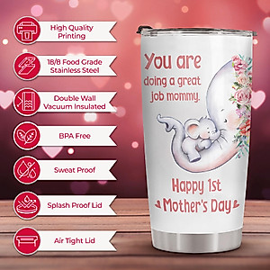 34HD Elephant Mom Tumbler 20oz, Stainless Steel Vacuum Insulated First Mothers Day Mug with Lid, Elephant Gifts for First Time, New, Expecting Mommy, Mother and Child Gifts