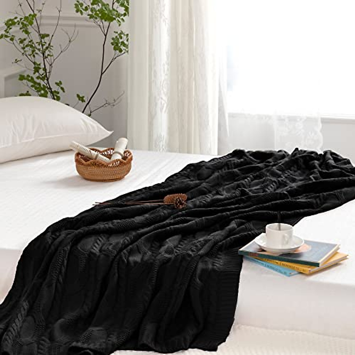 Aormenzy Black Knit Throw Blankets Cable Knit Decorative Throw Blanket Soft Cozy Knitted Blanket for Sofa Couch Bed, 50" x 60"