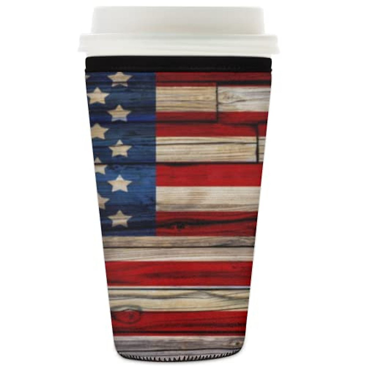 Vintage American Flag Iced Coffee Sleeve, USA Flag Reusable Neoprene Insulated Sleeves Cup Cover Holder for Cold Drinks Beverages 16oz - 18oz
