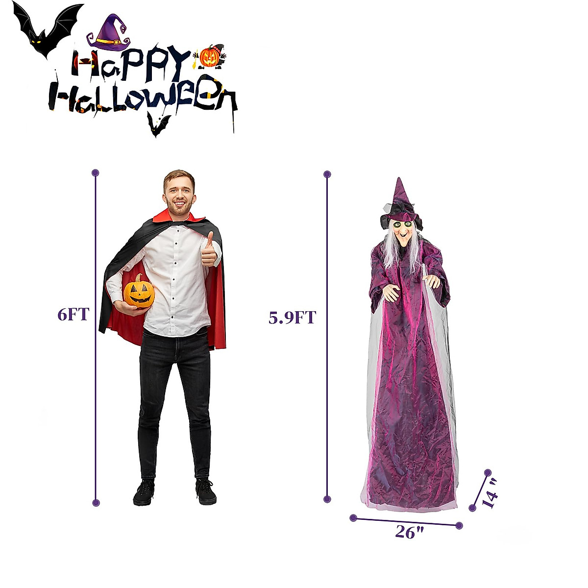 72" Halloween Decorations Outdoor,Hanging Animated Talking Witch Decoration with Light-up Eyes and Sound Activation Function for Halloween Haunted House Prop Everyday Décor Lawn Decor