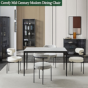 QQXX Upholstered Dining Chairs Cute Boucle Chair,Mid Century Modern Dining Chair for Kitchen Dining Room,Comfy Sherpa Accent Chair Vanity Chair Side Chairs with Metal Legs(Set of 4, White Black)