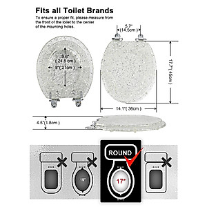 Angol Shiold Resin Round Toilet Seat Glitter Silver, Slow Quiet-Close Heavy Duty Acrylic Toilet Seats for Standard Toilets, Easy Installation & Cleaning (Round 17", Silver Foil, Upgraded hinge)