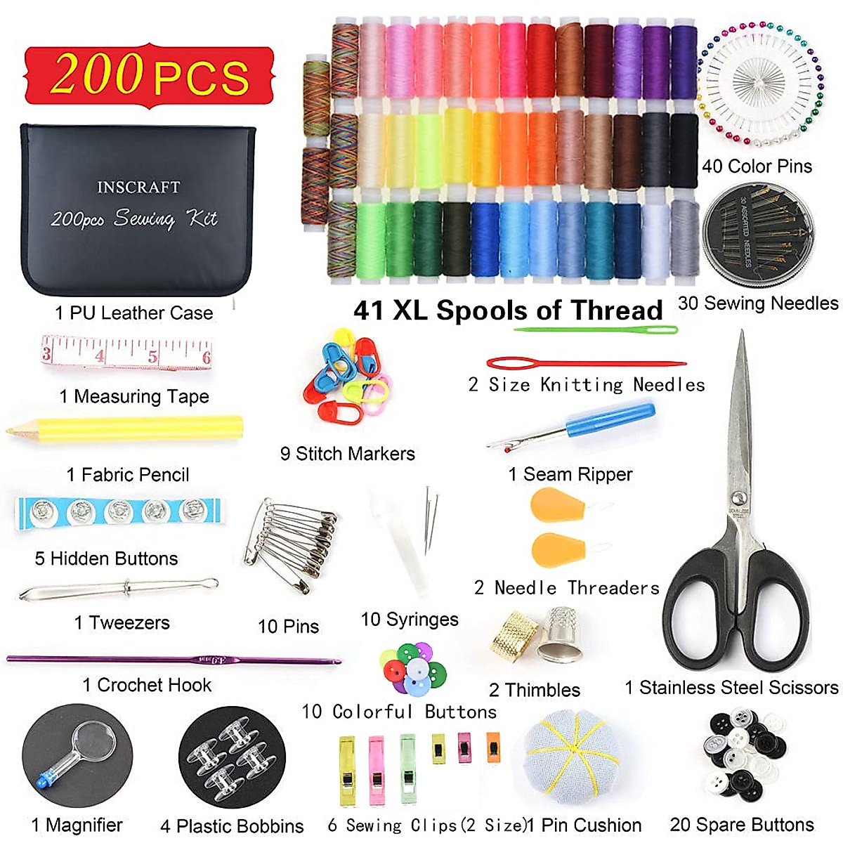 Sewing Kit, 200 Premium Sewing Supplies, 41 XL Thread Spools, Suitable for Traveller, Adults, Kids, Beginner, Emergency, DIY and Home by Inscraft