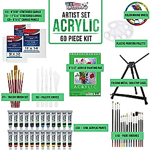 U.S. Art Supply 60-Piece Deluxe Artist Acrylic Painting Set with Aluminum Tabletop Easel, 24 Acrylic Paint Colors, 22 Brushes, 2 Stretched Canvases, 3 Canvas Panels, Paint Palette Knives Painting Pad