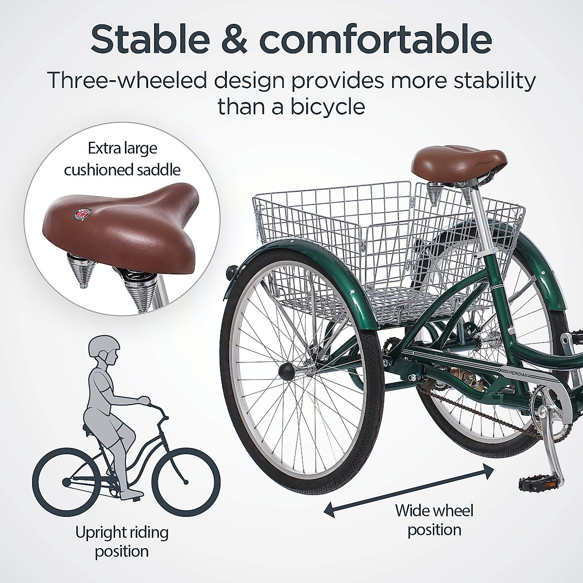 Schwinn Meridian Adult Tricycle Bike, Mens and Womens Three Wheel Beach Cruiser, 26-Inch Wheels, Low Step-Through Frame, Wide Seat, Rear Folding Basket, 1-Speed, Green