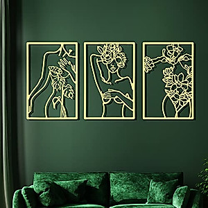 CHENGU 3 Pieces Metal Minimalist Abstract Woman Wall Art Line Drawing Wall Art Decor Single Line Female Home Hanging Wall Art Decor for Kitchen Bathroom Living Room (Gold, Simple Style)