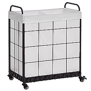 Laundry Hamper with Divided Liner Bag; Collapsible Laundry Basket with Rolling Lockable Wheels; Clothes Hamper with Metal Handle; Laundry Sorter with Removable Liner Bag (White)