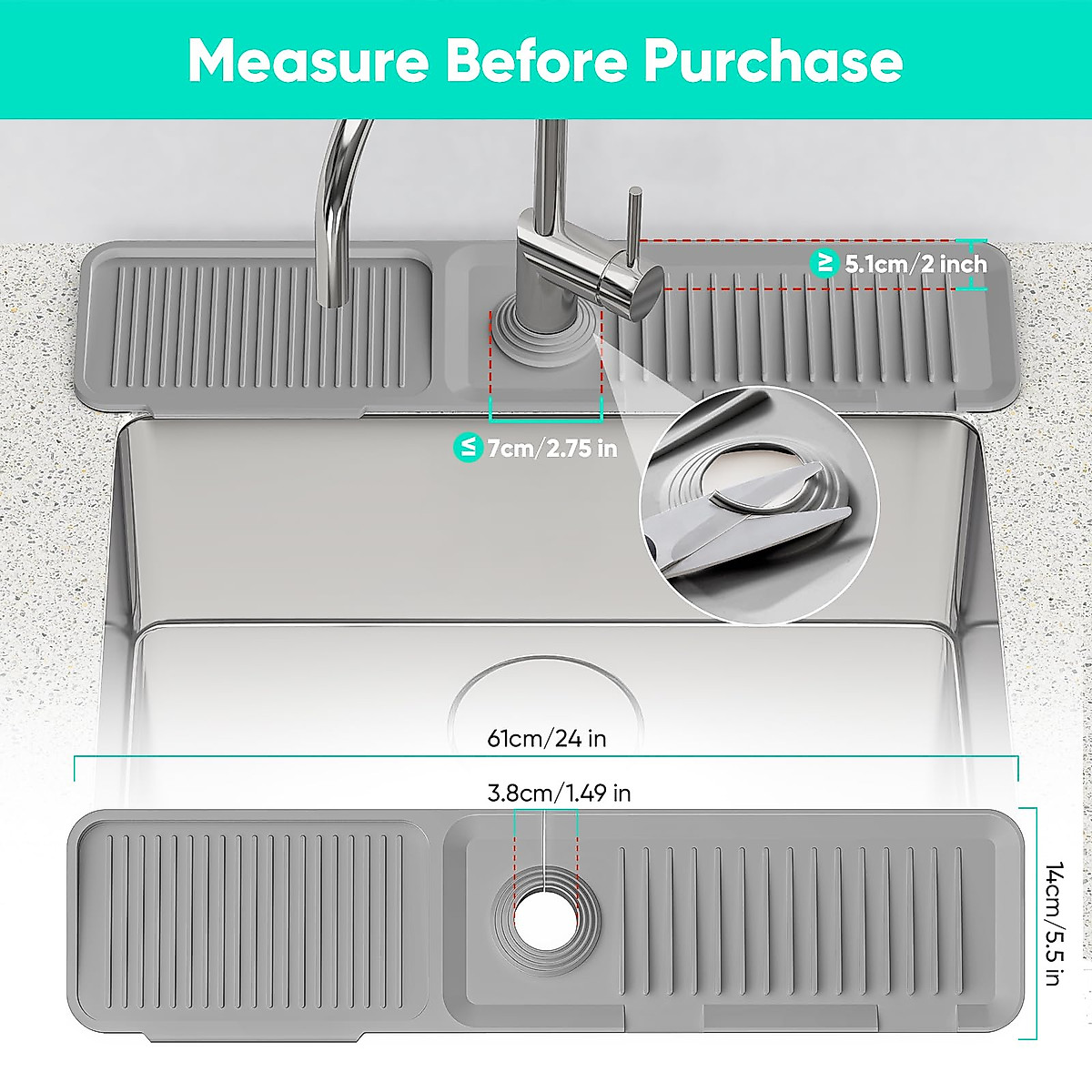 Snoquir 24 Inch Longer Kitchen Sink Splash Guard [5°Slope Fast Draining]Silicone Draining Mat for Kitchen Sink Faucet Mat Kitchen Sink Tidy Splash Guard Kitchen Sink Area Kitchen Faucet Draining Mat