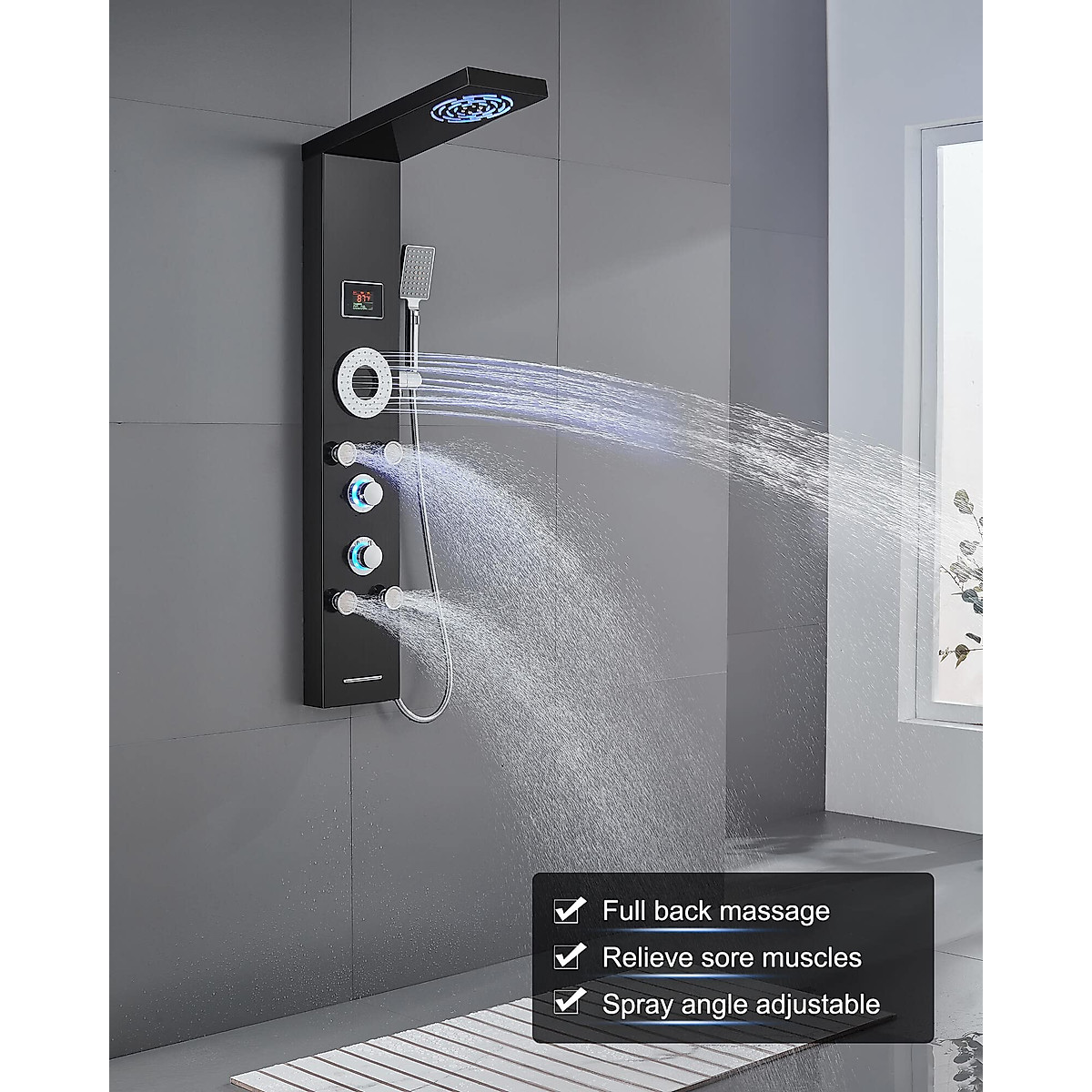 ROVOGO No Battery Needed Shower Panel System with Led Lights, MIST & RAIN Shower, 5 Body Jets, Handheld, Tub Spout and Temperature Display, Water Powered Led Shower Tower Column Stainless Steel, Black