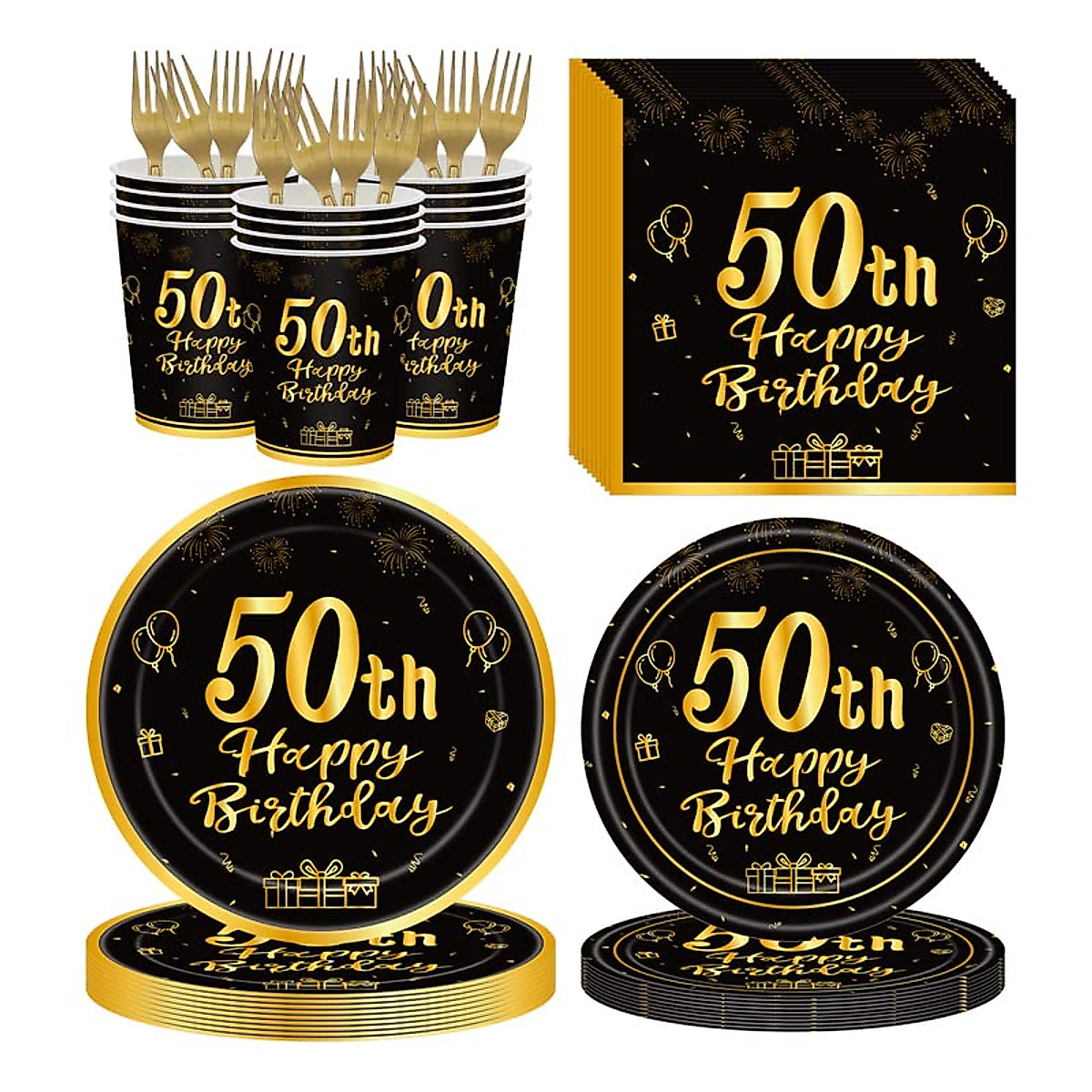 Lousuip 120Pcs 50th Birthday Party Supplies Plates Napkins Cups Forks Tableware Set Gold Black Happy 50th Birthday Themed Disposable Tableware Decoration Serves 24 Guests for Women and Men