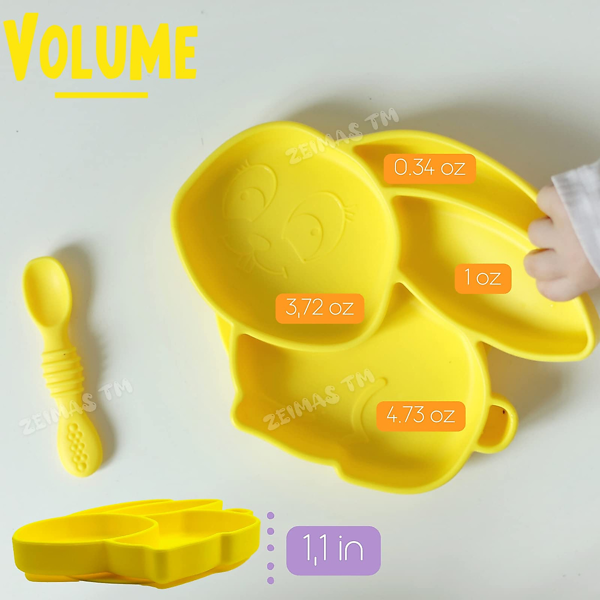 ZEIMAS Silicone Divided Toddler Baby Plates - Portable Non Slip Suction Plates for Children Babies and Kids BPA Free Baby Dinner Plate (Bunny)