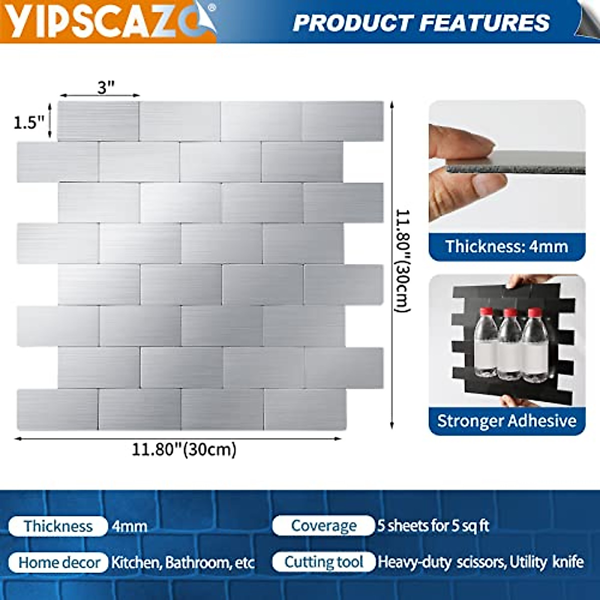 Yipscazo 5 - Sheet Peel and Stick Metal Backsplash, Stick on Tiles Stainless Steel Backsplash Peel and Stick for Kitchen, Bathroom, Fireplace (12''x12'', Silver)
