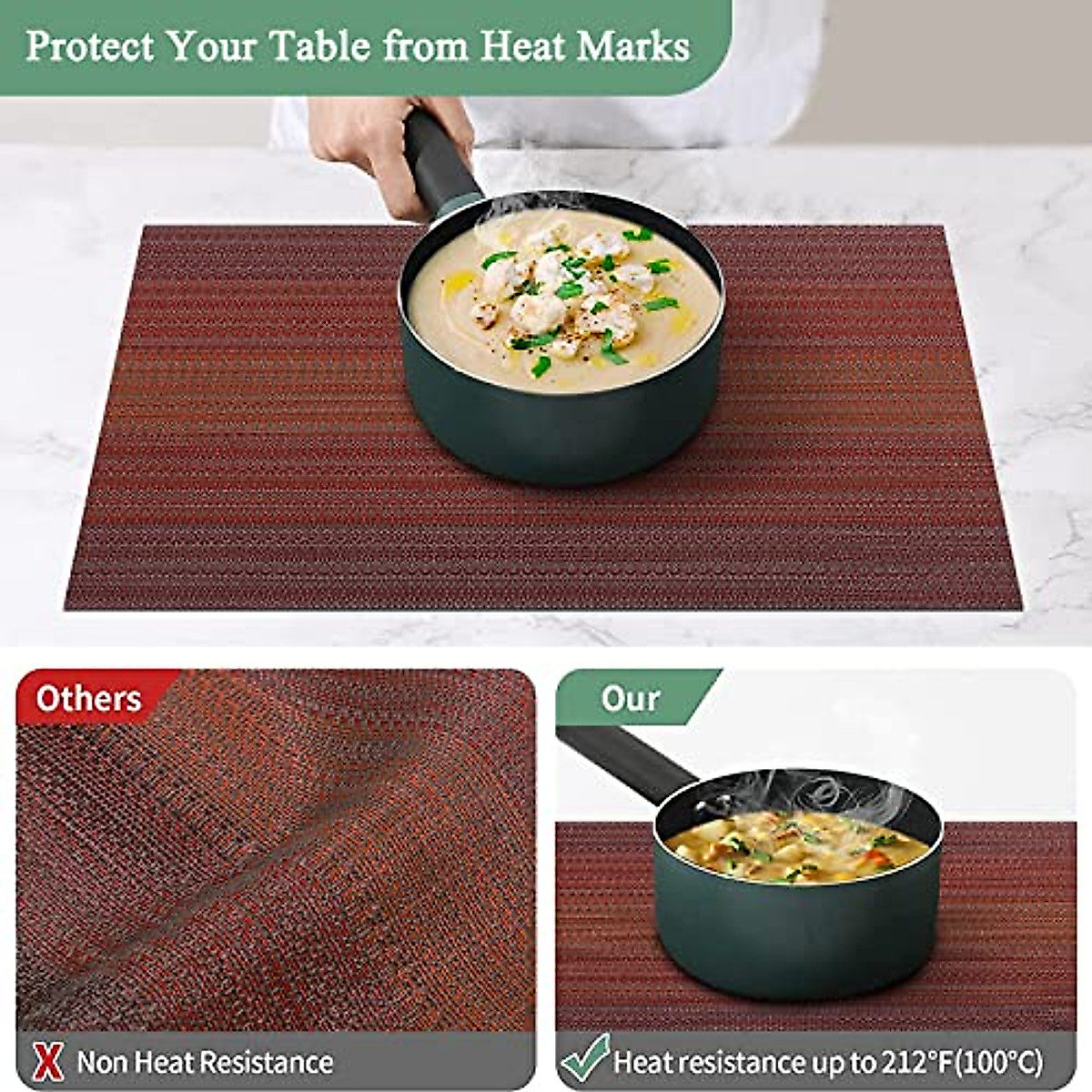 Pauwer Placemats Set of 6 Woven Placemats for Dining Table Indoor Outdoor Table Mats Heat Resistant Washable Vinyl Placemats for Kids, Red