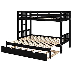 Extendable Bunk Bed with Trundle, Twin Over Double Twin Bunk Bed Frame, Upgraded Version Wooden Bunk Bed with Trundle, Pull-Out Bunk Bed Frame Can Be Extendable, No Spring Box Needed, Espresso