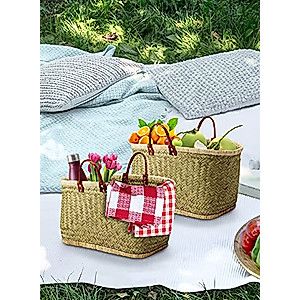 Serene Spaces Living Small Handmade Straw Tote Paired with Leather Handles, Raffia Lined Handbag, Straw Beach Bag, Summer Tote for Everyday Use, Grocery Shopping, 19.5" Long, 8.5" Wide & 10.5" Tall