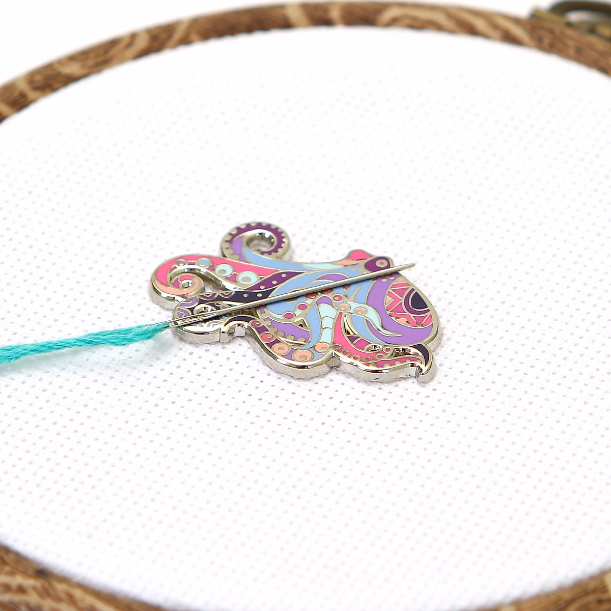 Awesome Pattern Studio Needle Minder Set - Mandala Octopus Magnetic Needle Minder + 2 Needle Threaders + Crane Scissors. Enamel Pin for Cross Stitch, Embroidery and Craft