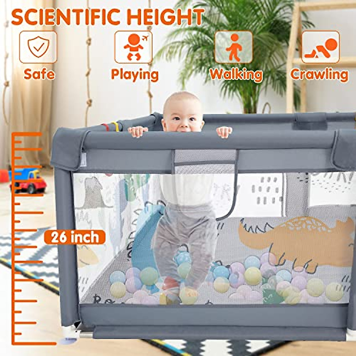 TuKIIE Baby Playpen for Toddlers, 71"x 59" Extra Large Dinosaur Play Pen Yards with Breathable Mesh for Babies, Indoor & Outdoor Kids Safety Play Activity Center with Gates