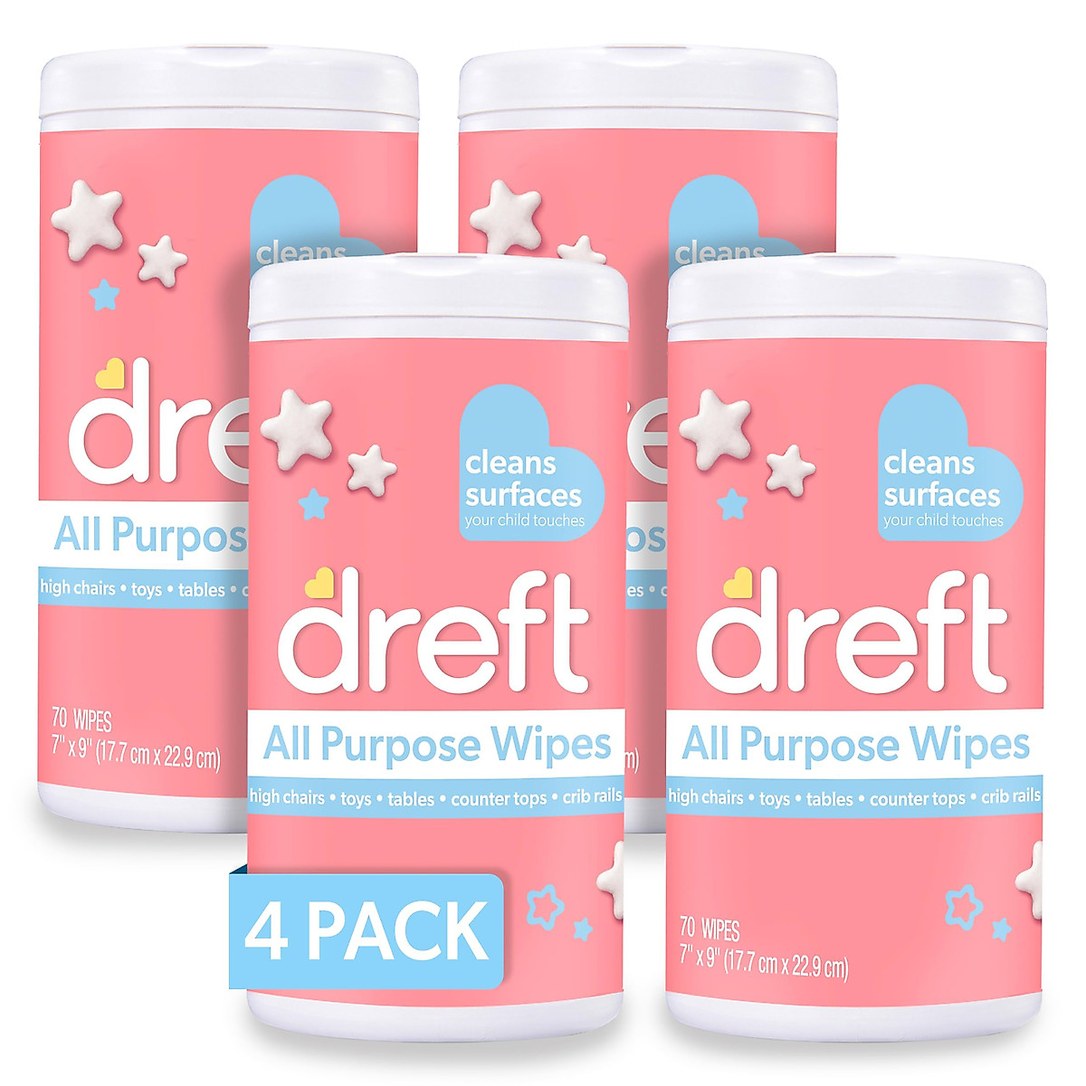 Dreft Multi-Surface All-Purpose Gentle Cleaning Wipes for Baby Toys, Car Seat, High Chair & More, 70 Count (Pack of 4)
