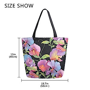 ALAZA Sweet Pea Flower Floral Large Canvas Tote Bag Shopping Shoulder Handbag with Small Zippered Pocket