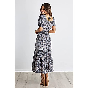 PRETTYGARDEN Women's Bohemian Dress Leopard Tie-Back Square Neck Puff Sleeve Ruffled Hem Summer Maxi Dresses(Blue,X-Large)