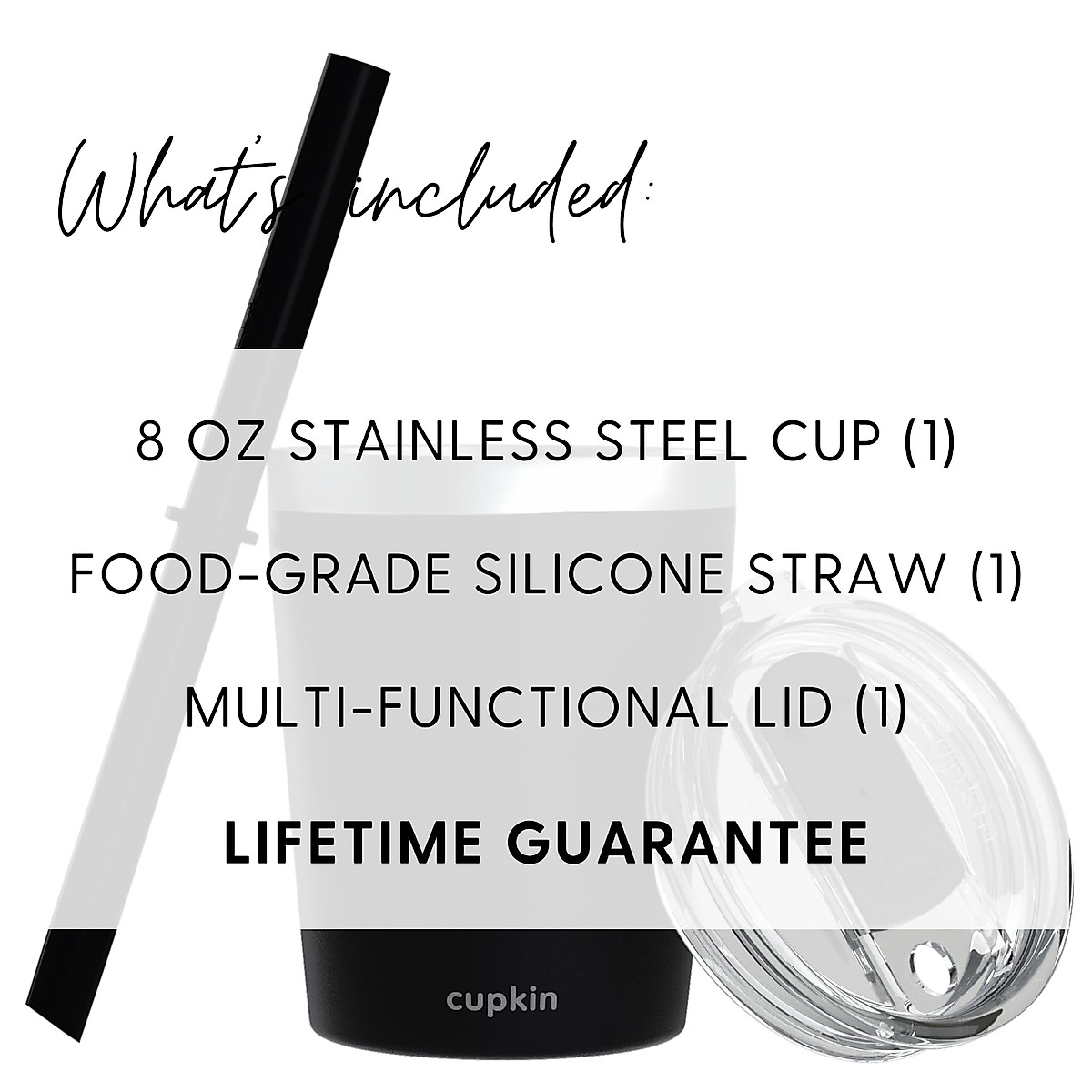 CUPKIN Stackable Stainless Steel Kids Cup Smoothie Tumbler, Powder Coated Insulated Tumblers, BPA Free Lid and Silicone Straw 8 Fl Oz (Pack of 1), Black